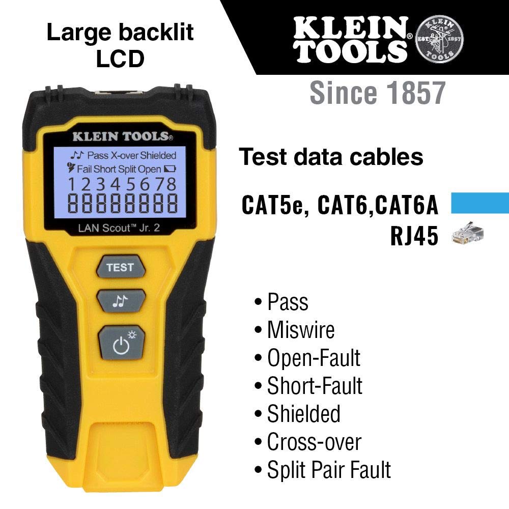 Klein Tools 80072 RJ45 Cable Tester Kit with LAN Scout Jr. 2, Coax Crimper / Stripper / Cutter Tool and 50-Pack Pass-Thru Modular Data Plugs