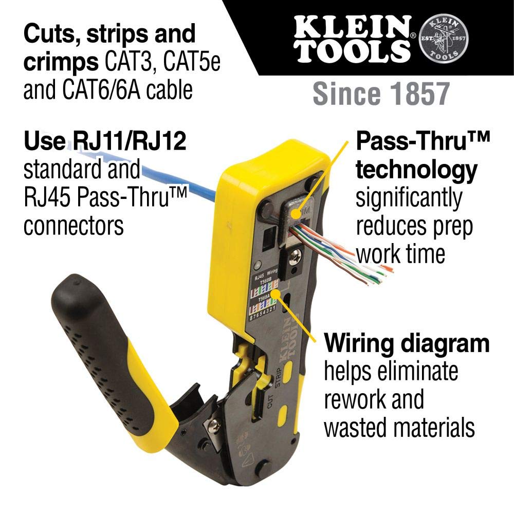 Klein Tools 80072 RJ45 Cable Tester Kit with LAN Scout Jr. 2, Coax Crimper / Stripper / Cutter Tool and 50-Pack Pass-Thru Modular Data Plugs