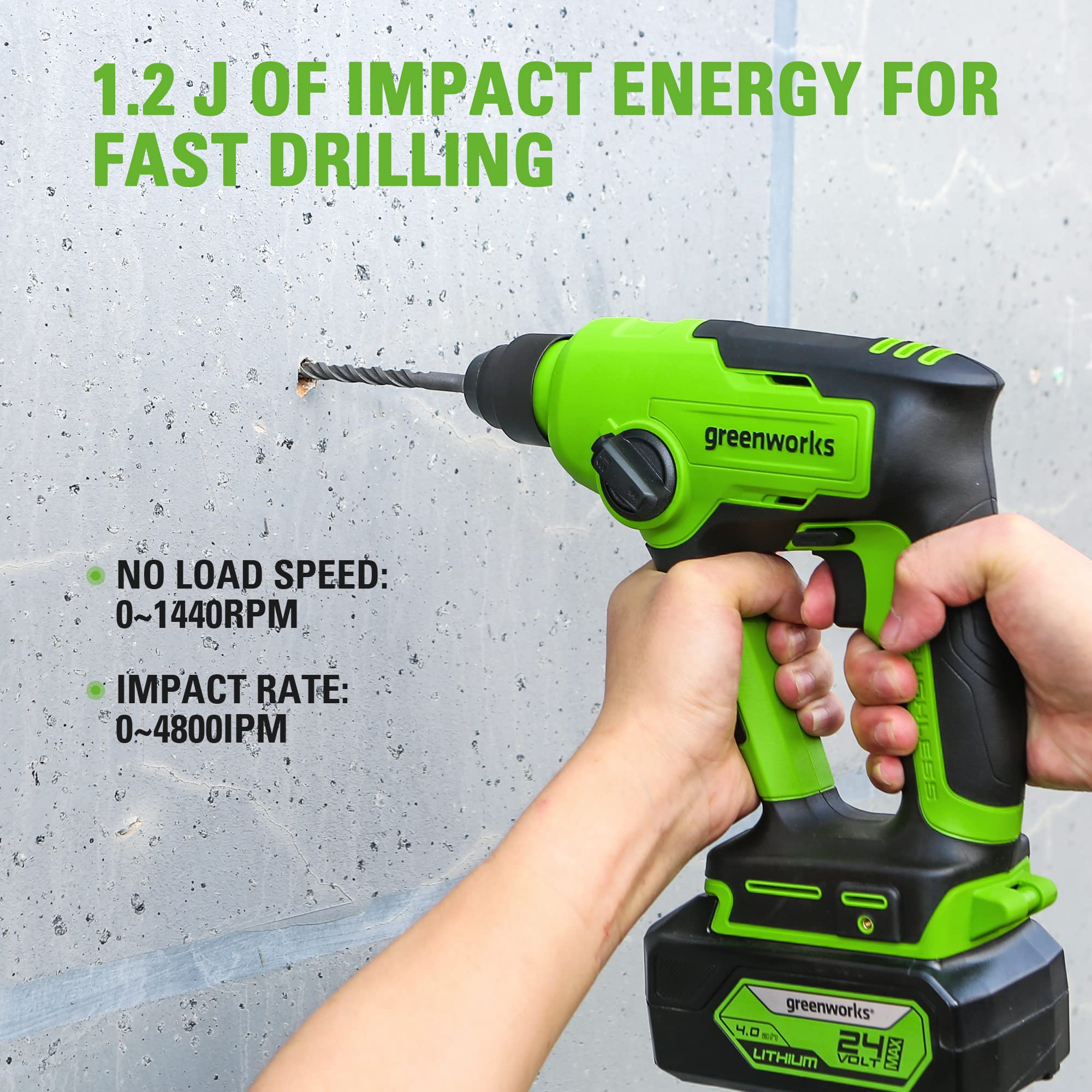 Greenworks 24V Brushless Cordless Heavy Duty Rotary Hammer Drill, Impact Energy 1.2 Joules, SDS-Plus, Tool Only