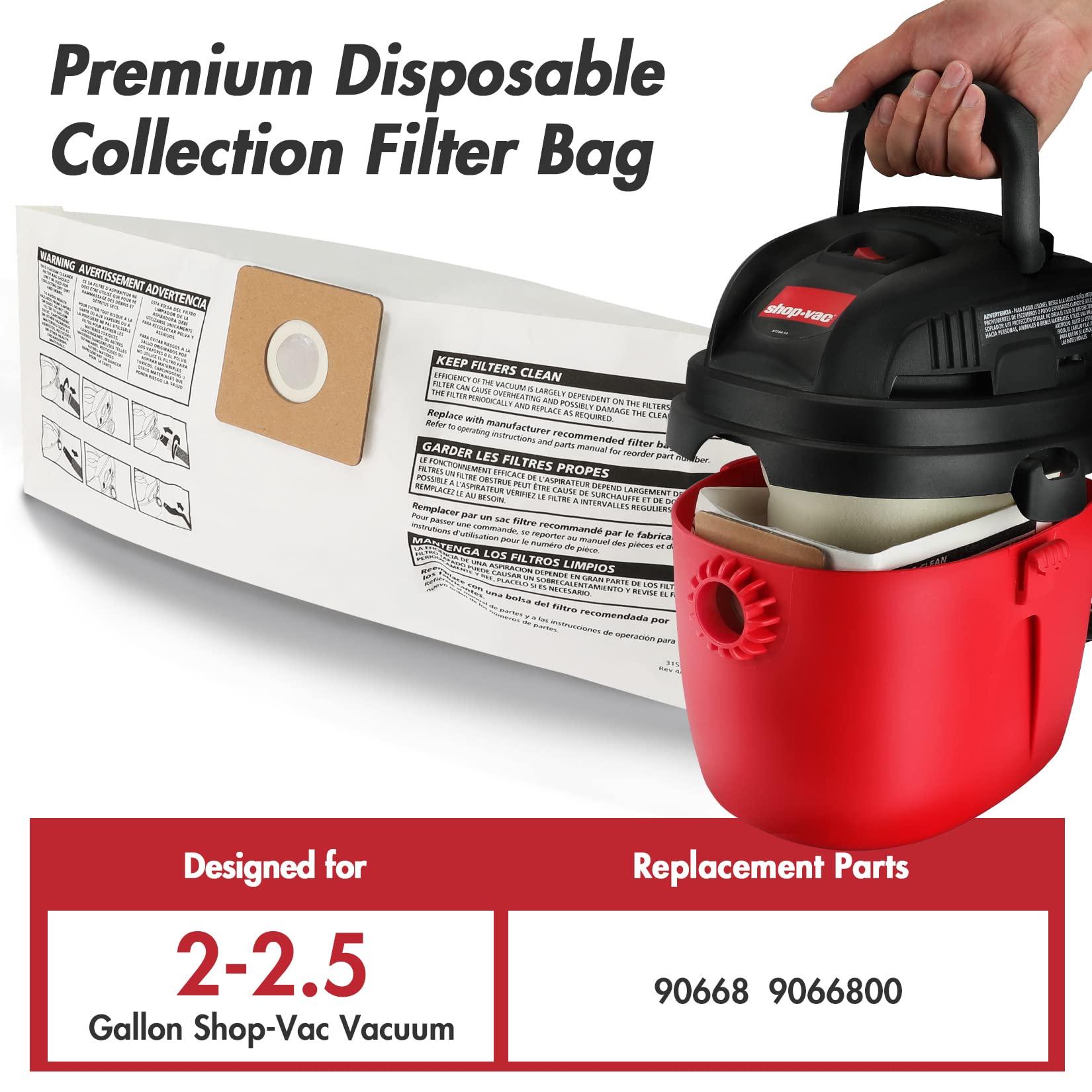 Shop-Vac 2.5 Gallon 2.5 Peak HP Wet/Dry Vacuum 2036000 + 90668 2-2.5 Gallon Disposable Filter Bags,6 Pack