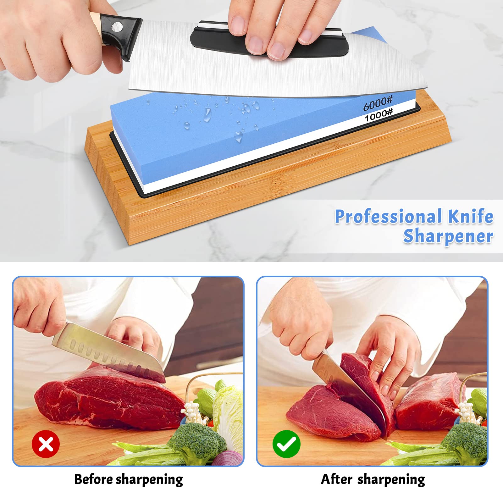 Sharpening Stone Whetstone Set 2 Side Grit 1000/6000, Professional Whetstone Knife Sharpener, Knife Sharpening Stone Kit with Bamboo Base, Flatting Stone, Angle Guide