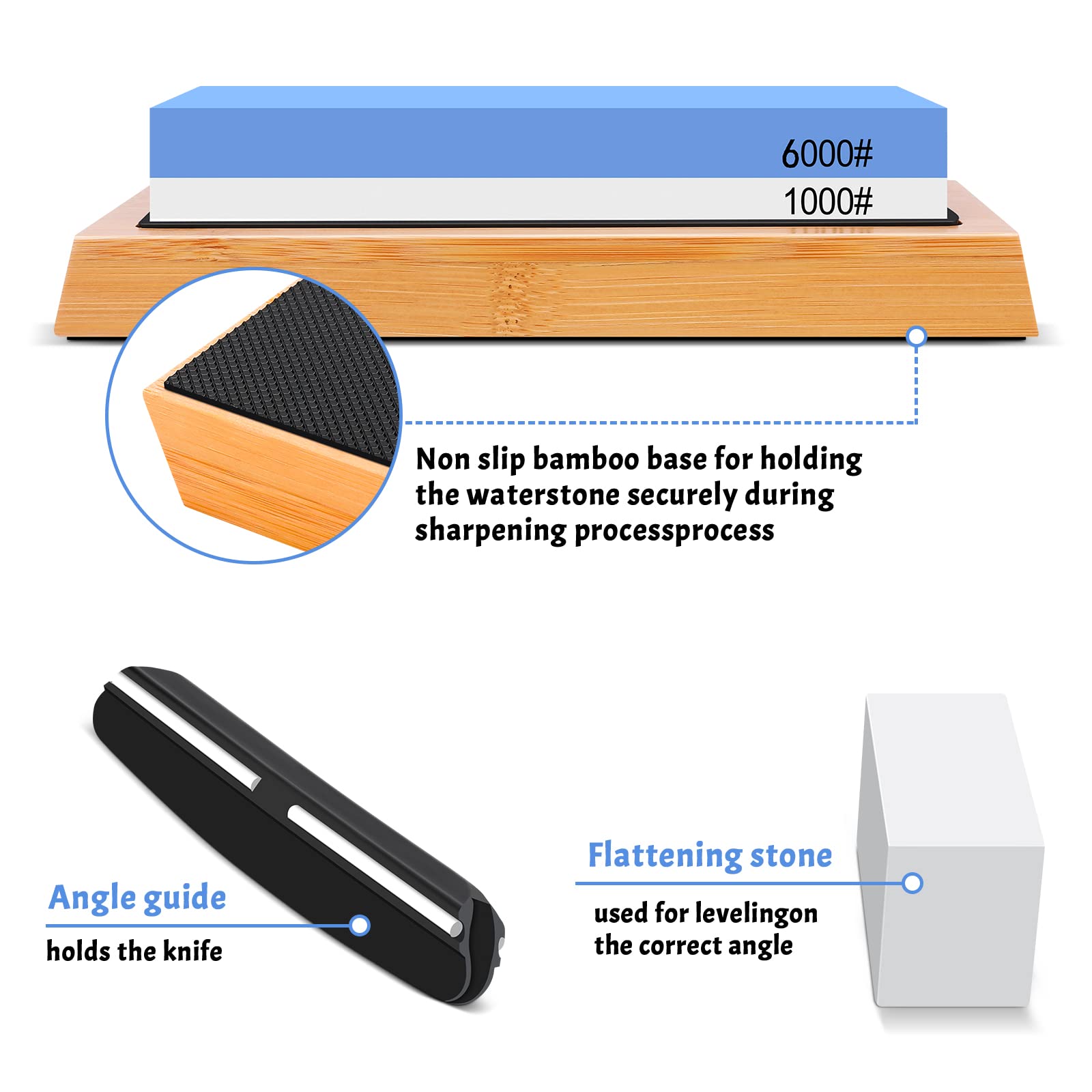 Sharpening Stone Whetstone Set 2 Side Grit 1000/6000, Professional Whetstone Knife Sharpener, Knife Sharpening Stone Kit with Bamboo Base, Flatting Stone, Angle Guide