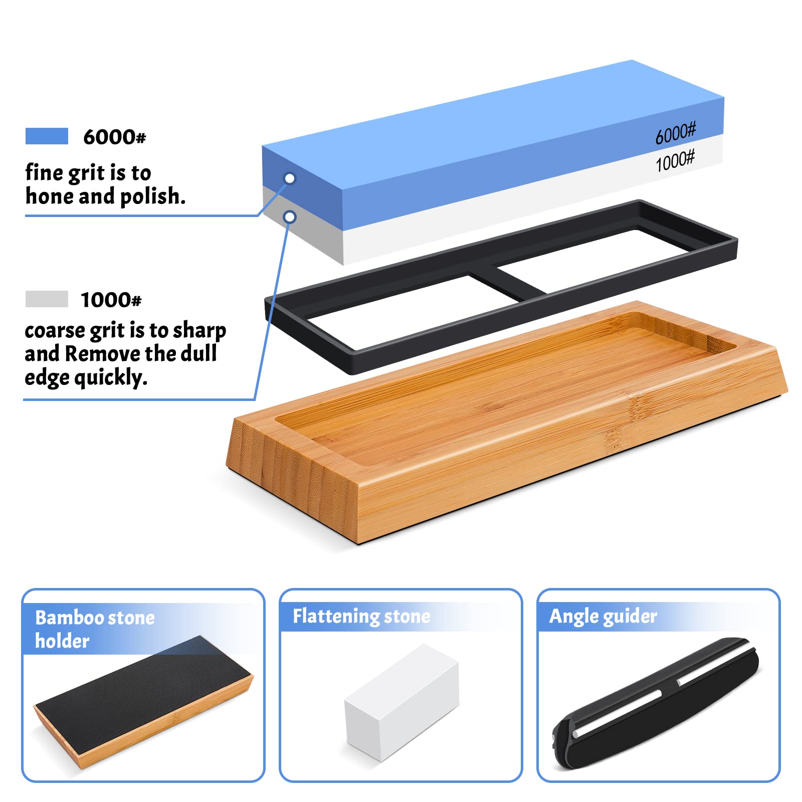 Sharpening Stone Whetstone Set 2 Side Grit 1000/6000, Professional Whetstone Knife Sharpener, Knife Sharpening Stone Kit with Bamboo Base, Flatting Stone, Angle Guide