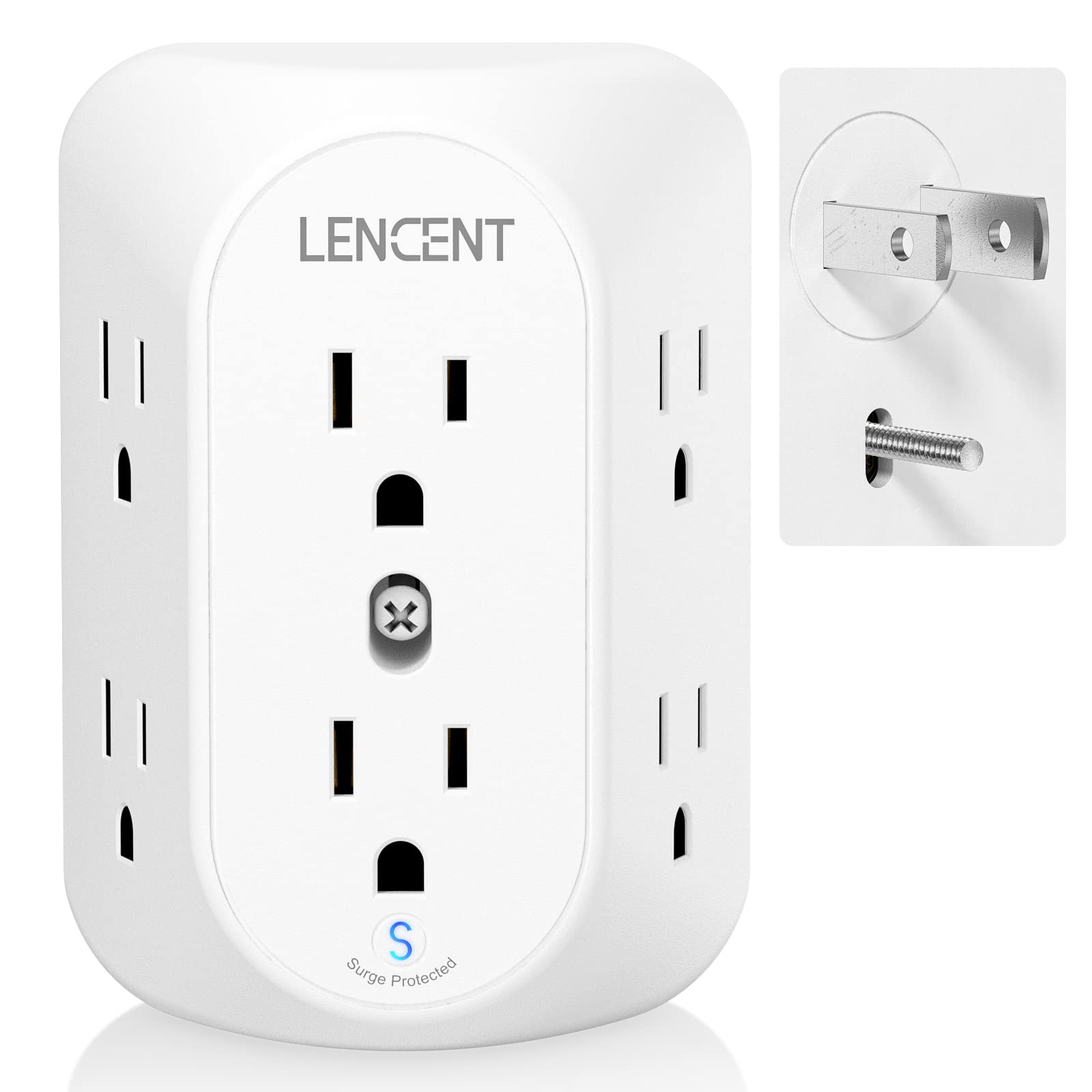 LENCENT 2 Prong Power Strip, 3 to 2 Prong Grounding Outlet Adapter, Polarized Plug, Surge Protector, 3-Sided 6 Outlets Widely Spaced Extender, Mountable Wall tap for Non-Grounded Outlet