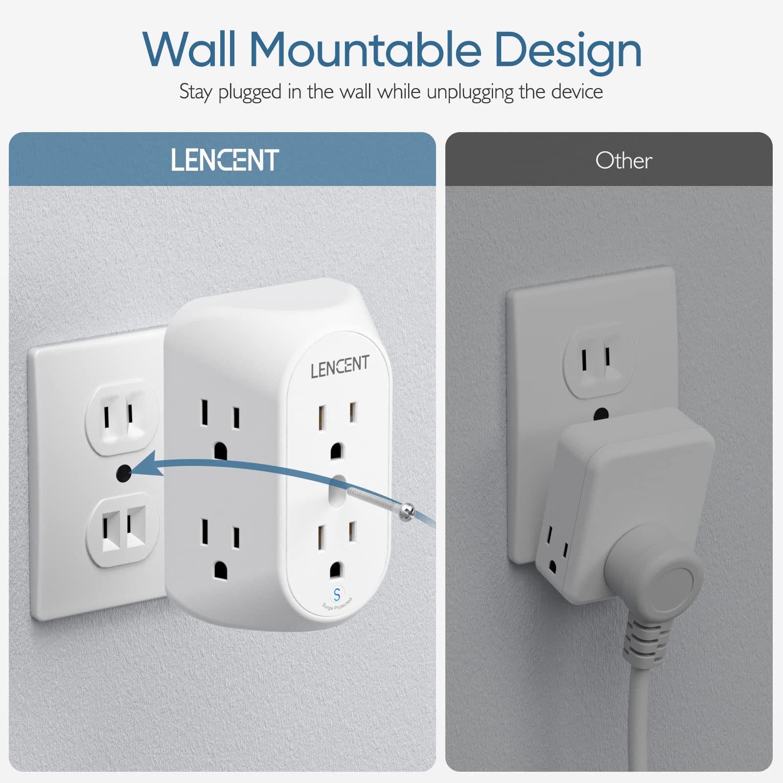 LENCENT 2 Prong Power Strip, 3 to 2 Prong Grounding Outlet Adapter, Polarized Plug, Surge Protector, 3-Sided 6 Outlets Widely Spaced Extender, Mountable Wall tap for Non-Grounded Outlet