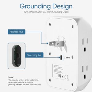 LENCENT 2 Prong Power Strip, 3 to 2 Prong Grounding Outlet Adapter, Polarized Plug, Surge Protector, 3-Sided 6 Outlets Widely Spaced Extender, Mountable Wall tap for Non-Grounded Outlet