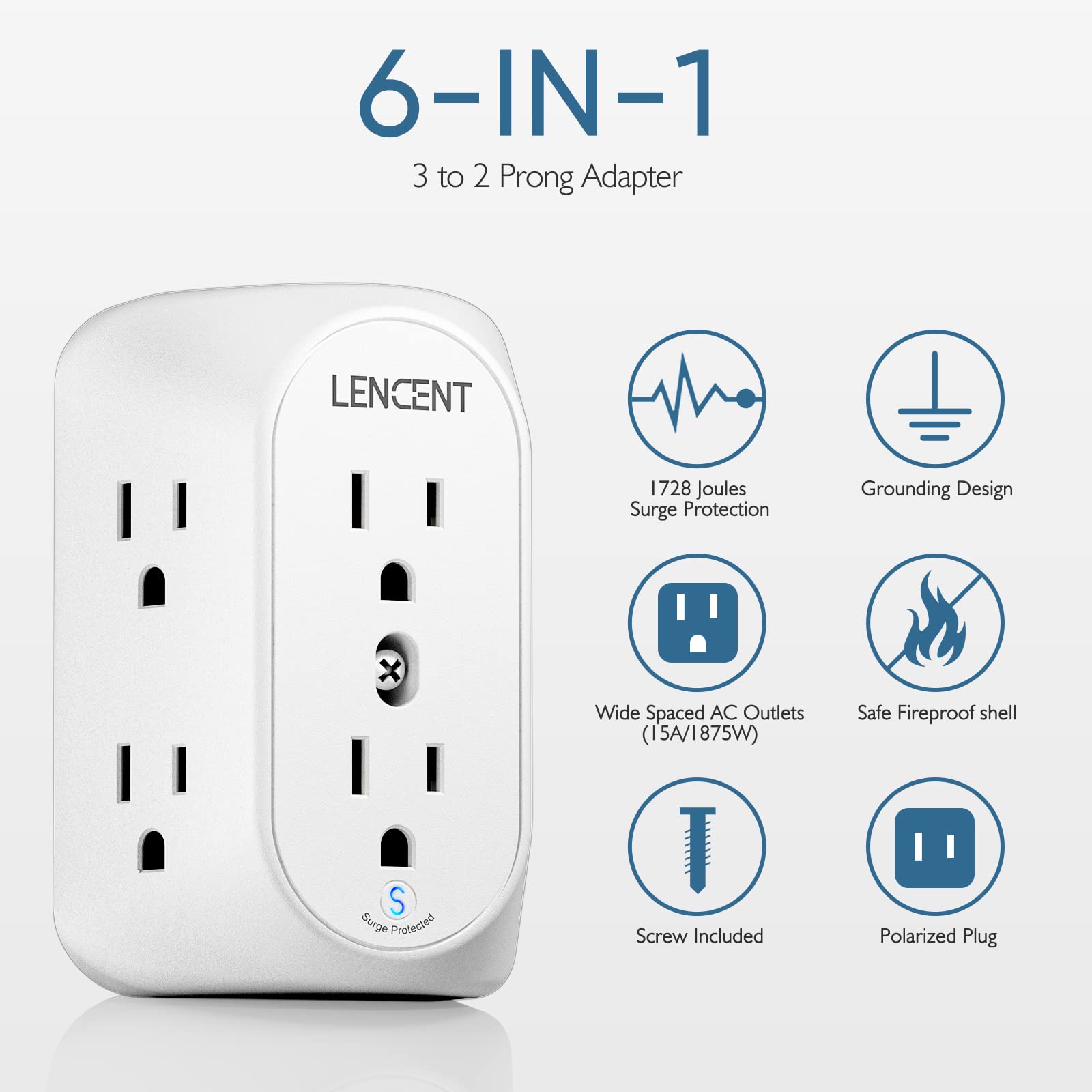 LENCENT 2 Prong Power Strip, 3 to 2 Prong Grounding Outlet Adapter, Polarized Plug, Surge Protector, 3-Sided 6 Outlets Widely Spaced Extender, Mountable Wall tap for Non-Grounded Outlet