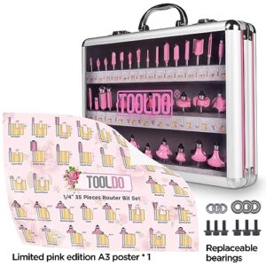 TOOLDO Router Bit Set 35 Pcs Limited Edition Pink, 1/4 Inch Shank, Speical Edition. Professional Router Bit Kit for DIY, Woodwork, Artcraft, Furniture and Collection