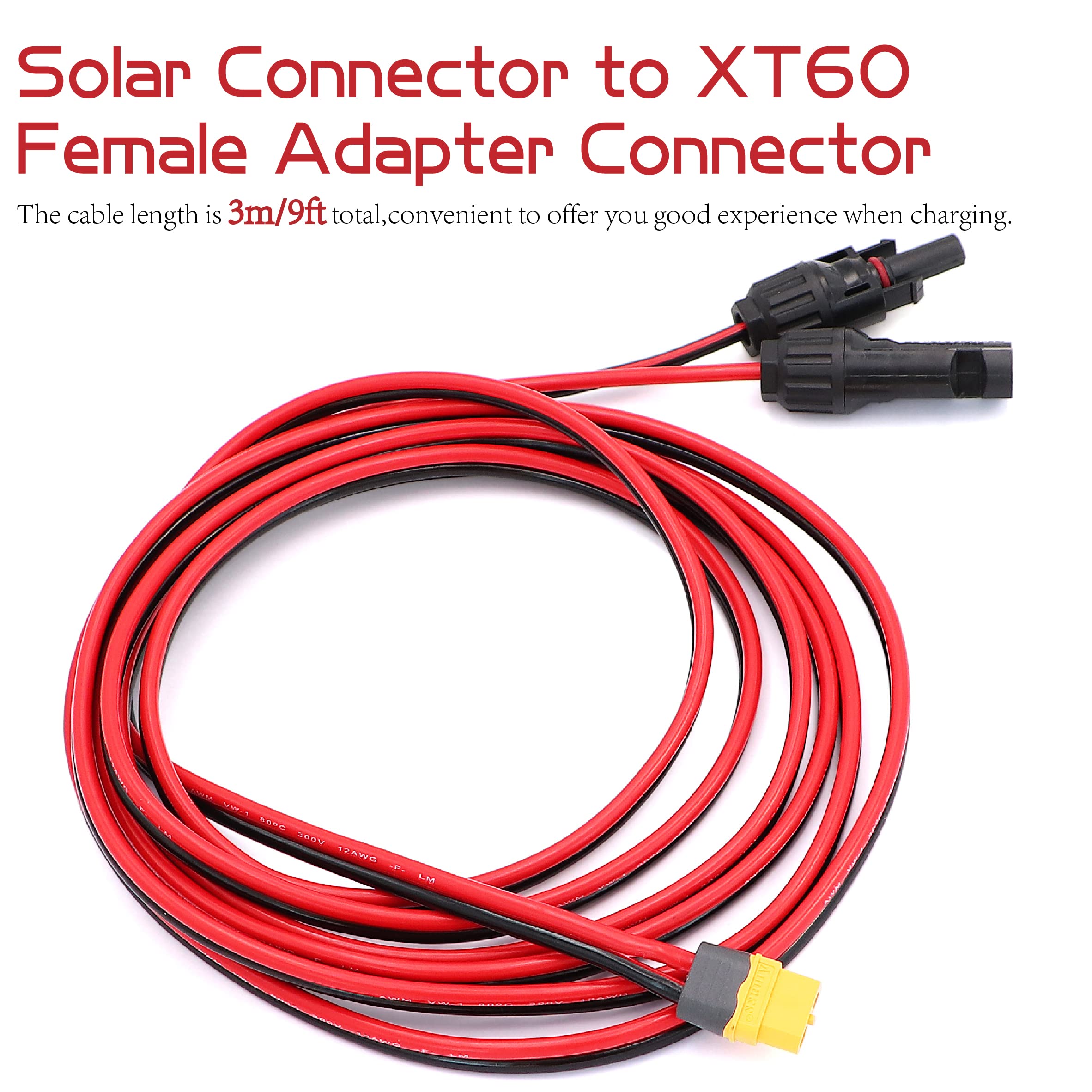 Ruikarhop 9Ft 12AWG Cable Solar Connector to XT60 Female Adapter Connector Connect Solar Panel for Solar Generator