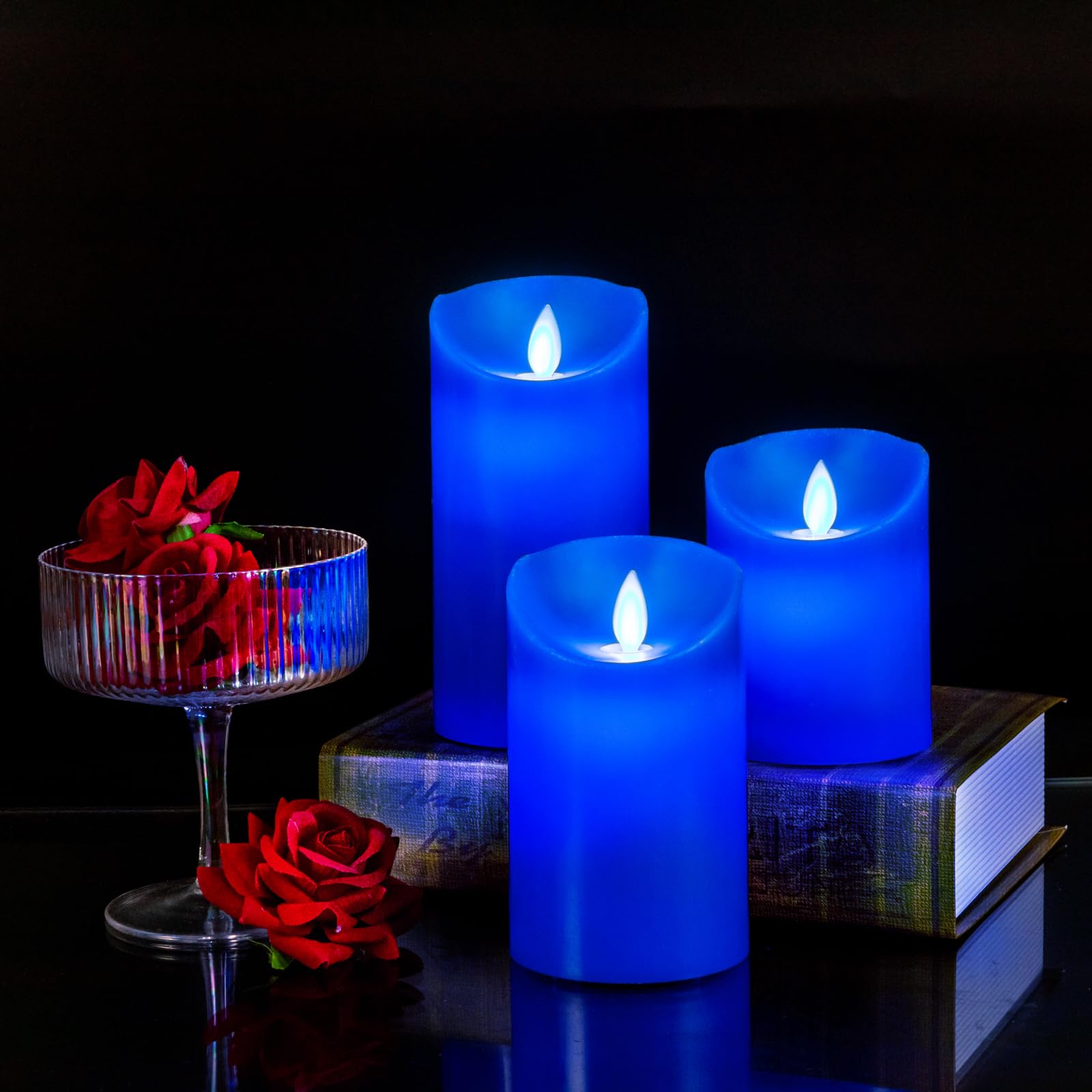 Windshell Real Blue Flame Candles(Blue LED Light Source), Remote Control/Moving Wick Design, Real Wax Flameless Royal Blue Pillar Candle, Battery Operated, Timer and Dimmable