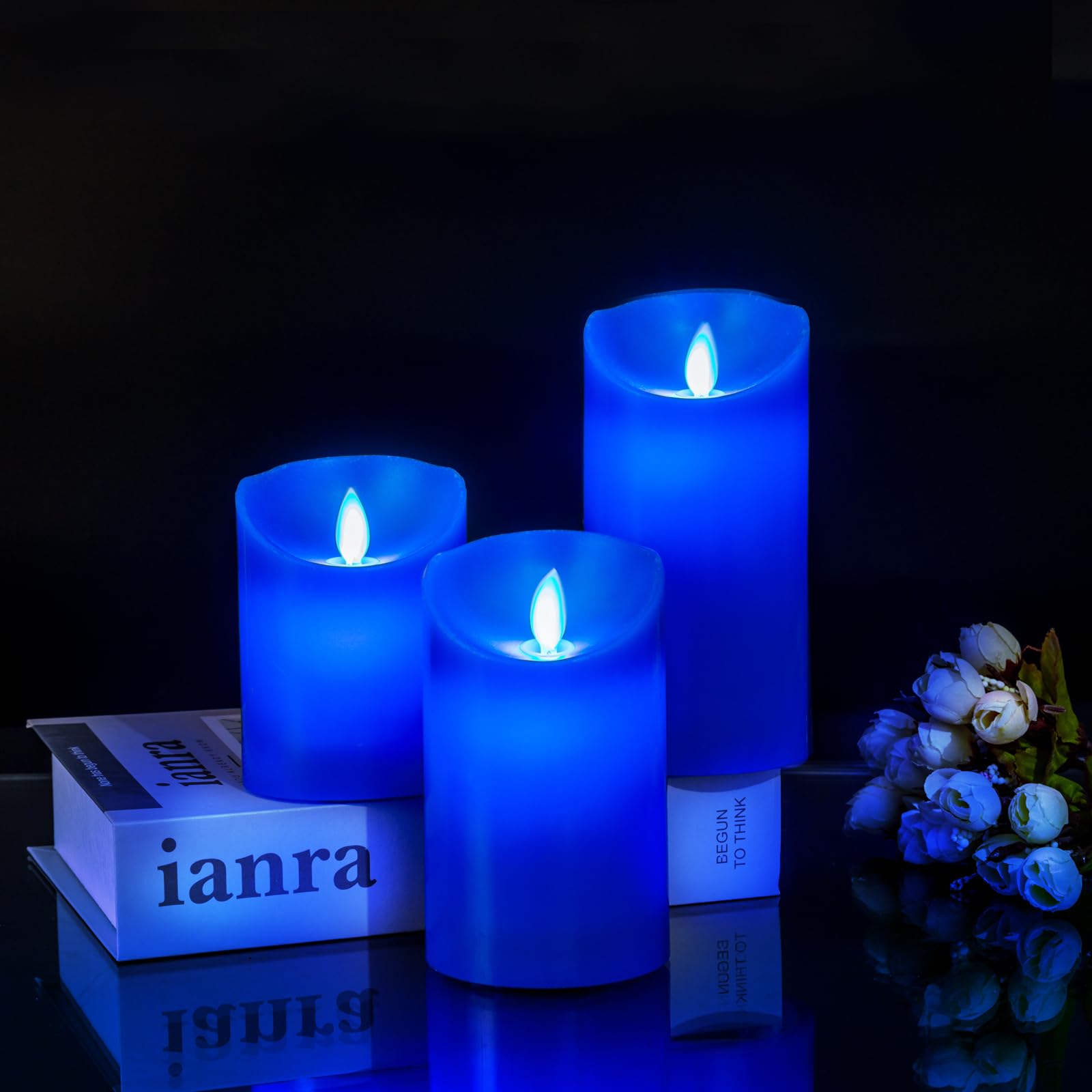 Windshell Real Blue Flame Candles(Blue LED Light Source), Remote Control/Moving Wick Design, Real Wax Flameless Royal Blue Pillar Candle, Battery Operated, Timer and Dimmable