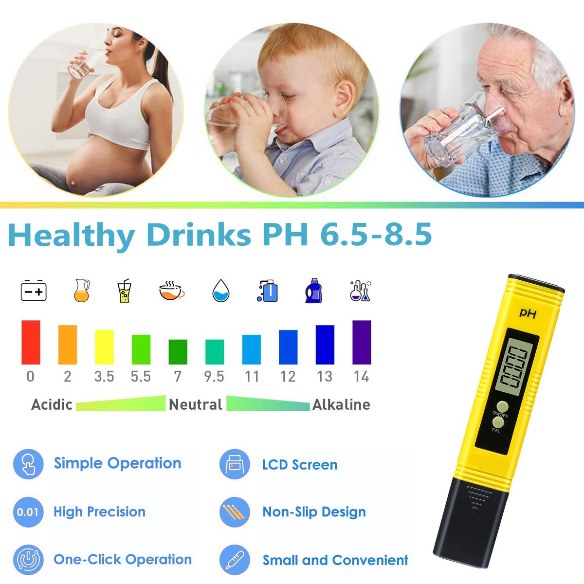 Digital PH Meter, PH Meter 0.01 PH High Accuracy Water Quality Tester with 0-14 PH Measurement Range for Household Drinking, Pool and Aquarium Water PH Tester Design with ATC