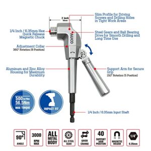 AUCO Durable Right Angle Drill Attachment, Impact Fit, Max Torque 500 in-lbs, All Metal Body & Steel Gear, For Use with Cordless Drill and Impact Driver, Compact Design for Work in Tight Area