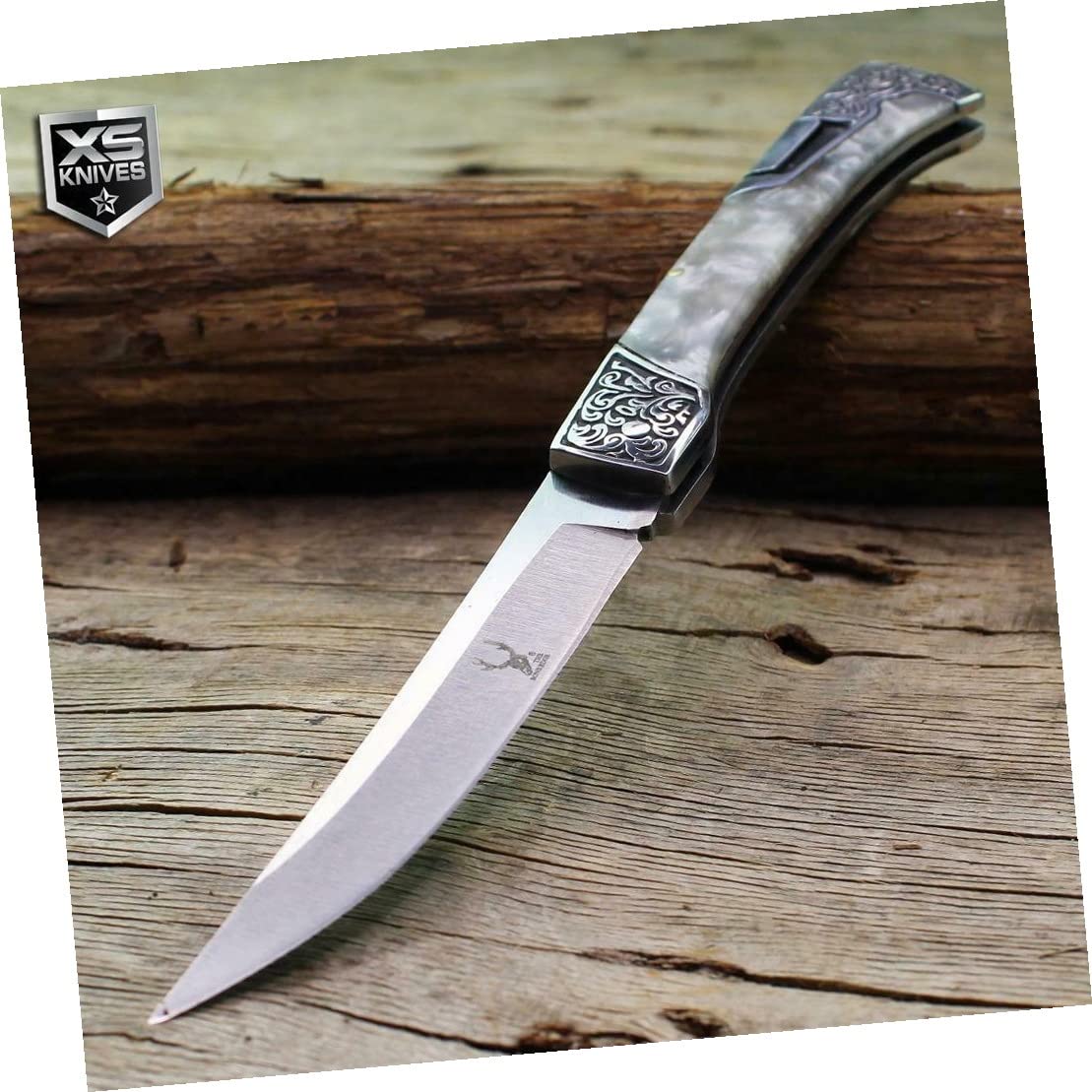 S.S. Folding Knives Cowboy Western Ornate Bolster Lockback Open Folding Pocket Knife Pearl Handle 9.5 inches Outdoor Survival Hunting Knife by Survival Steel