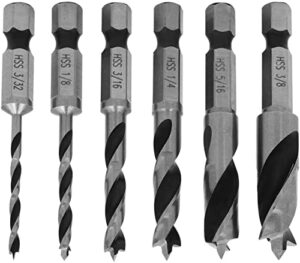 bestgle 6 pcs brad point drill bits(3/8", 5/16", 1/4", 3/16", 1/8", 3/32"), 1/4 inch hex shank hss spiral twist wood drill bit set for soft, hard, veneered, laminated wood mdf acrylic woodworking tool