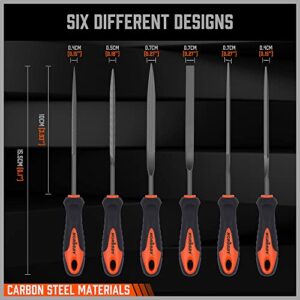 HORUSDY 6-Pieces Needle File Set, Hand Metal Files, Alloy Strength Steel Include Flat, Flat Warding, Square, Triangular, Round, and Half-Round File.