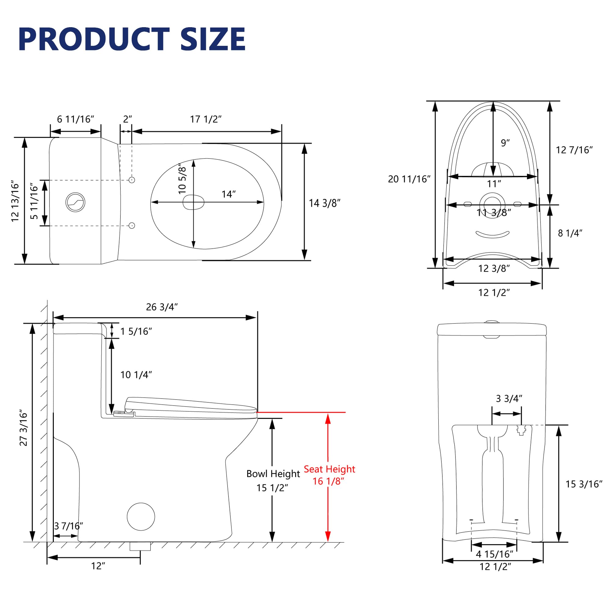 DeerValley Symmetry One Piece Toilet, Dual Flush 1.1/1.6 GPF Elongated Standard Toilet for Bathroom, Toilets with Comfortable Seat Height (Seat Included) (White)