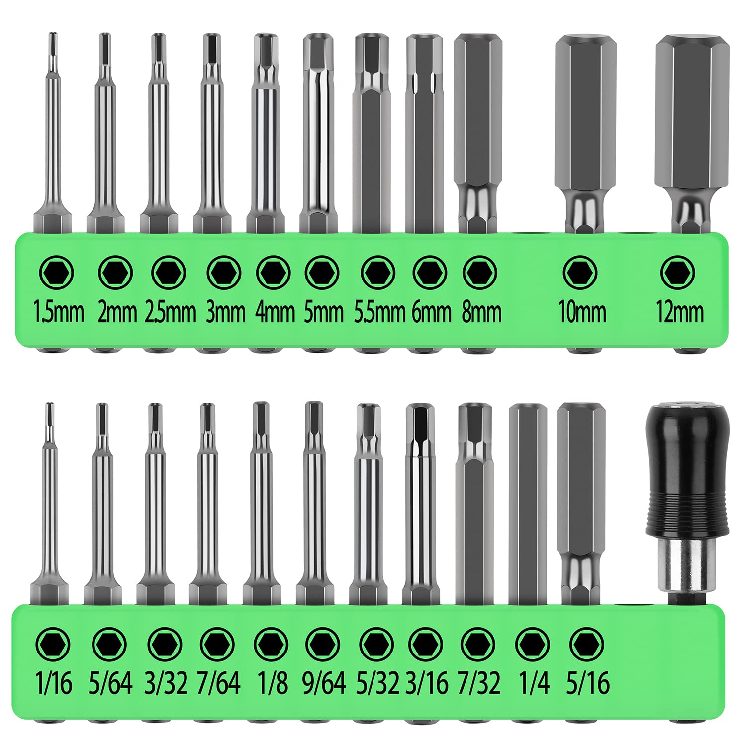 SWANLAKE 23-Piece Hex Head Allen Wrench Drill Bit Set, S2 Steel, Metric & SAE Hex Bit Set, 2.3" Long, Magnetic Tips.