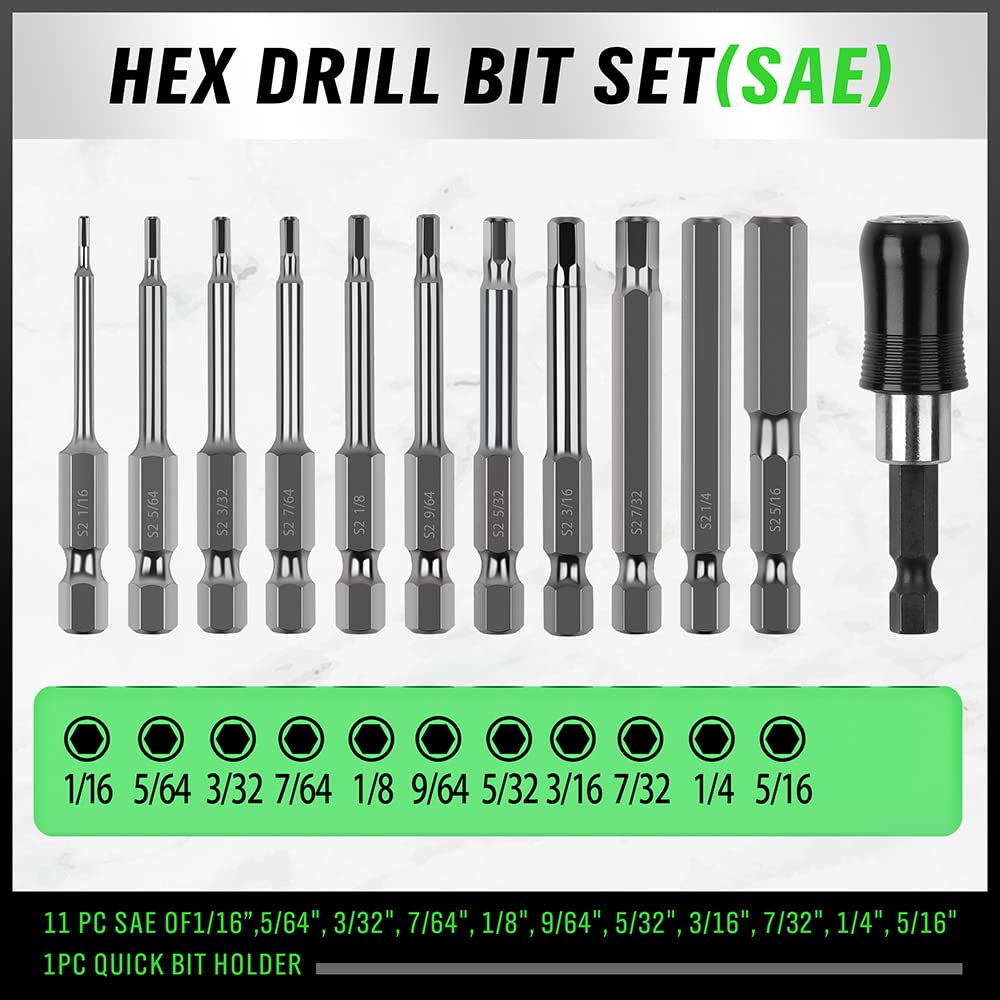 SWANLAKE 23-Piece Hex Head Allen Wrench Drill Bit Set, S2 Steel, Metric & SAE Hex Bit Set, 2.3" Long, Magnetic Tips.