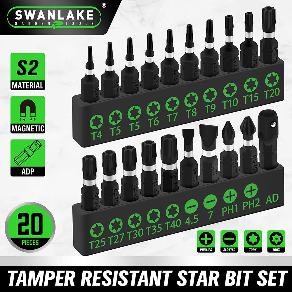 SWANLAKE 20PCS Tamper Resistant Star Bit Set,Torx Bit Set, Impact Grade Security Torx Bit Set,1/4-inch Hex Shank, S2 Alloy Steel, T4-T40