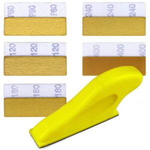 100 sheets micro sander kit 3.5” x 1” mini sander for small projects, detail handle sanding tools + sandpaper 80 120 180 240 400 grit for diy crafts wood tight narrow spaces polishing, by poliwell