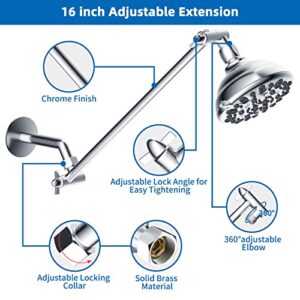 16 Inch Solid Brass Adjustable Shower Head Extension Arm with Lock Joints, Extra Long Shower Extension Arm, Flexible Height & Angle Shower Arm Extender, Universal Connection to all Shower Heads,Chrome