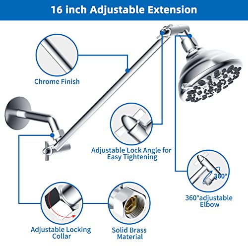 16 Inch Solid Brass Adjustable Shower Head Extension Arm with Lock Joints, Extra Long Shower Extension Arm, Flexible Height & Angle Shower Arm Extender, Universal Connection to all Shower Heads,Chrome