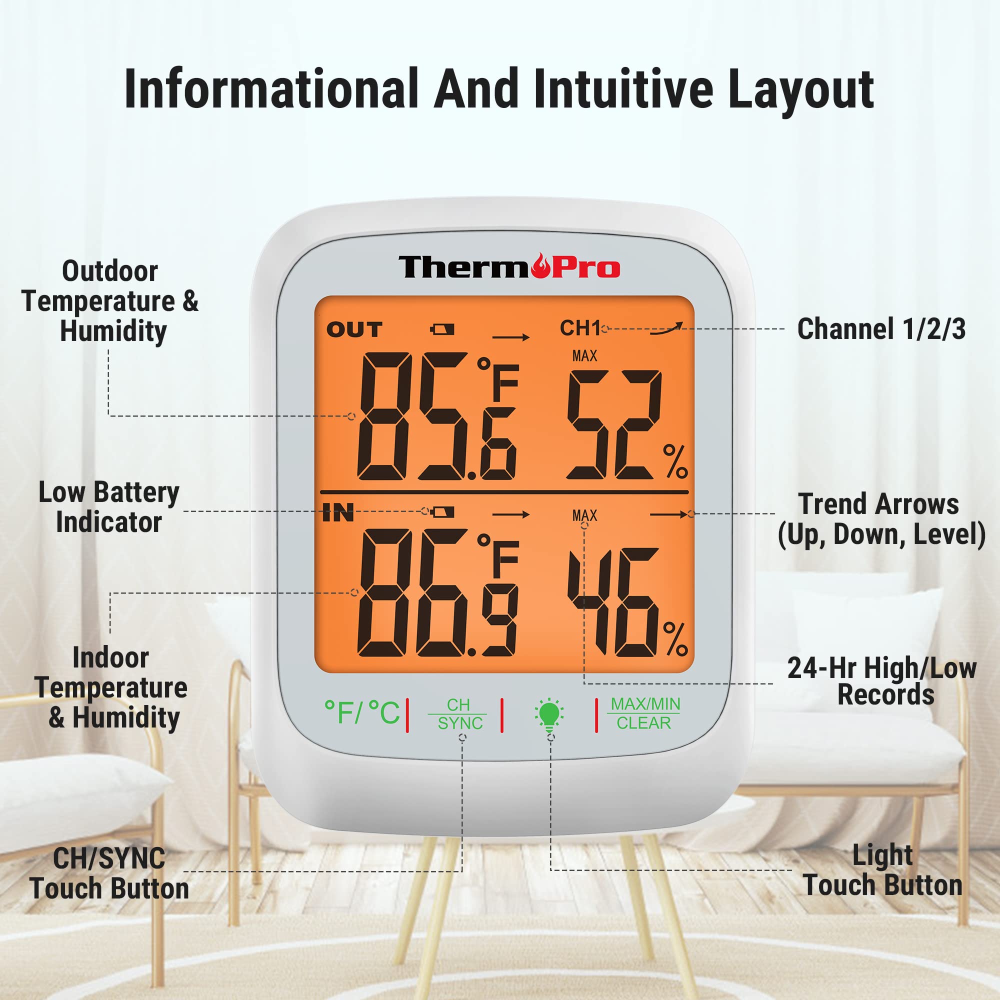 ThermoPro TP260B Indoor Outdoor Thermometer Wireless 1000ft/300m Range, Pro Accuracy Digital Hygrometer Humidity Meter with Remote Temperature Sensor, Inside Outside Thermometer for Home Patio Room