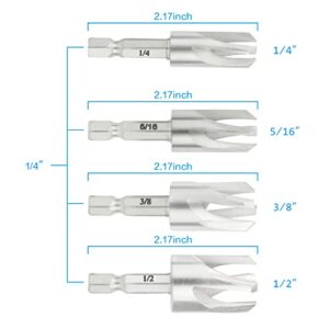 Wood Plug Cutters, 8 Pcs Straight and Tapered Plug Cutter Set 1/4", 5/16”, 3/8", and 1/2" Taper Cutting Tool Cork Drill Bit Knife Set with 1/4 Hex Shank