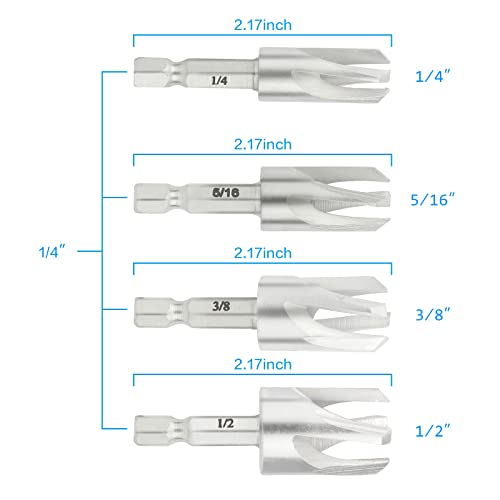 Wood Plug Cutters, 8 Pcs Straight and Tapered Plug Cutter Set 1/4", 5/16”, 3/8", and 1/2" Taper Cutting Tool Cork Drill Bit Knife Set with 1/4 Hex Shank