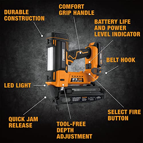 Freeman PE20VFN64 20 Volt Cordless 16-Gauge 2-1/2" Straight Finish Nailer Kit with Lithium Ion Battery, Charger, Bag, and Nails (200 Count) – 1300 Shots per Charge, Orange and Black