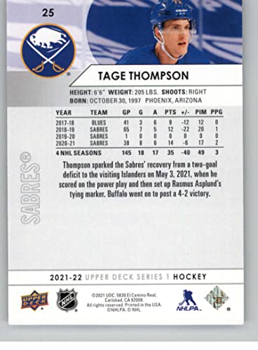 2021-22 Upper Deck Series One #25 Tage Thompson Buffalo Sabres Official NHL Hockey Card in Raw (NM or Better) Condition