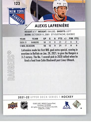 2021-22 Upper Deck Series One #123 Alexis Lafreniere New York Rangers Official NHL Hockey Card in Raw (NM or Better) Condition