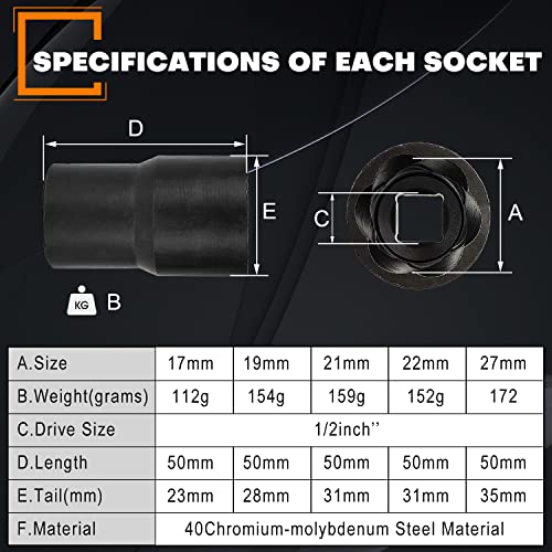 ACROTOL 6PCS Twist Socket Set Lug Nut Remover Tool, 1/2”Drive Impact Bolt Nut Extractor, for Removing Damaged, Frozen, Rusted, Rounded-Off Bolts, Nuts & Screws