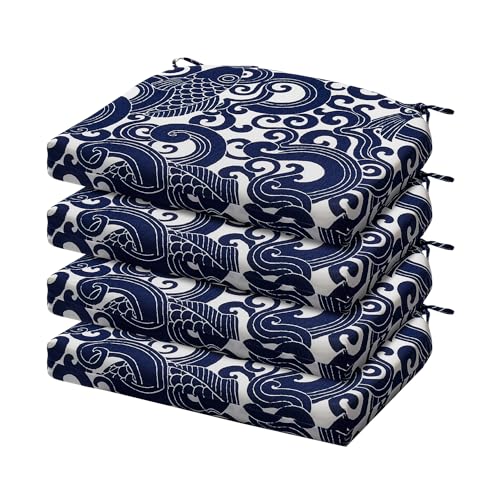 LOVTEX Outdoor Chair Cushions Set of 4, Outdoor Patio Chair Cushions with Ties,Waterproof Chair Cushions for Outdoor Furniture, 17 x 16 x 2 inch, Blue Carp