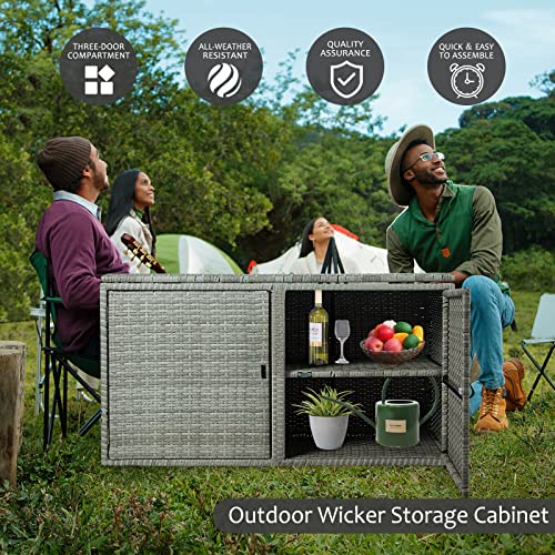 Outdoor 110 Gallon Rattan Deck Box, Wicker Patio Storage Cabinet Waterproof Storage Double Openable Door Cabinet Rattan Storage Deck Box with Lid and Separate Storage Shelf for Garden, Patio, Porch, Yard, can Store Cushions, Tools, Toys,Gray