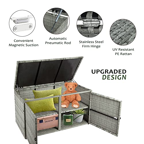 Outdoor 110 Gallon Rattan Deck Box, Wicker Patio Storage Cabinet Waterproof Storage Double Openable Door Cabinet Rattan Storage Deck Box with Lid and Separate Storage Shelf for Garden, Patio, Porch, Yard, can Store Cushions, Tools, Toys,Gray