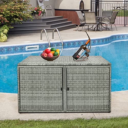 Outdoor 110 Gallon Rattan Deck Box, Wicker Patio Storage Cabinet Waterproof Storage Double Openable Door Cabinet Rattan Storage Deck Box with Lid and Separate Storage Shelf for Garden, Patio, Porch, Yard, can Store Cushions, Tools, Toys,Gray