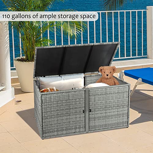 Outdoor 110 Gallon Rattan Deck Box, Wicker Patio Storage Cabinet Waterproof Storage Double Openable Door Cabinet Rattan Storage Deck Box with Lid and Separate Storage Shelf for Garden, Patio, Porch, Yard, can Store Cushions, Tools, Toys,Gray