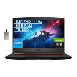 msi 2022 gf65 15.6" fhd 144hz laptop computer, 10th gen intel core i5-10500h, 16gb ram, 1tb pcie ssd, backlit keyboard, nvidia geforce rtx 3060 graphics, windows 10, black, 32gb snowbell usb card