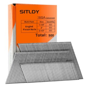 sitldy 16 gauge angled finish nails, 20-degree, 900-pack (1-1/4", 2", 2-1/2", 300 per sizes), galvanized assorted size project pack