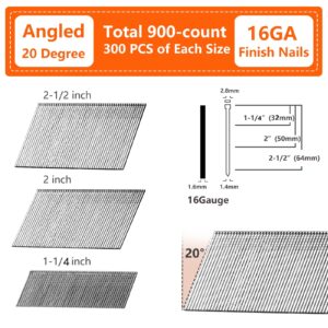 SITLDY 16 Gauge Angled Finish Nails, 20-Degree, 900-Pack (1-1/4", 2", 2-1/2", 300 Per Sizes), Galvanized Assorted Size Project Pack