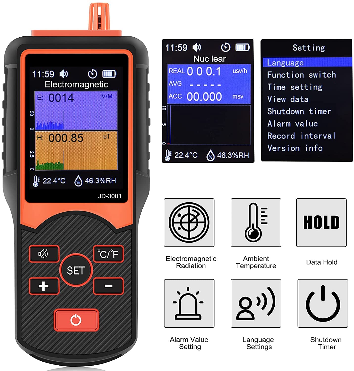 Geiger Counter, Electromagnetic Radiation Detector, Portable Handheld Digital Electromagnetic Radiation Detector with Backlight LCD Display JD-3001 Test Equipment for X-ray Computers Tv Phones