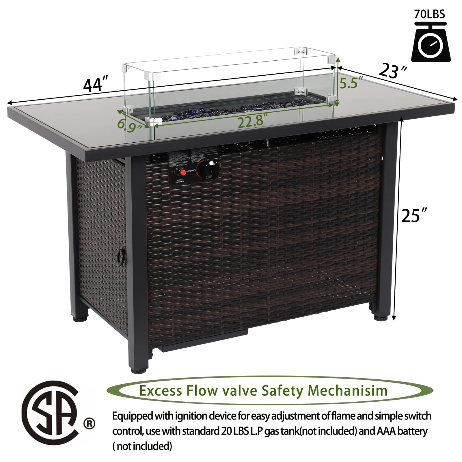 44 in Propane Fire Pit Table,Rattan Fire Pit Table with Glass Wind Guard,60,000 BTU Auto-Ignition Gas Firepit,CSA Certification and Black Tempered Glass Tabletop,for Outdoor, Patio, Lawn…