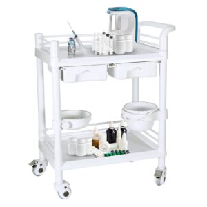 2 tier medical beauty cart, heavy duty salon trolley with 360° swivel wheels and dirt bucket drawer storage organizer for hospital dental clinic spa esthetician