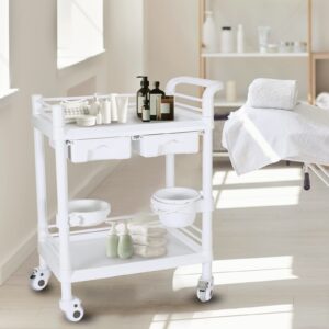 2 Tier Medical Beauty Cart, Heavy Duty Salon Trolley with 360° Swivel Wheels and Dirt Bucket Drawer Storage Organizer for Hospital Dental Clinic Spa Esthetician