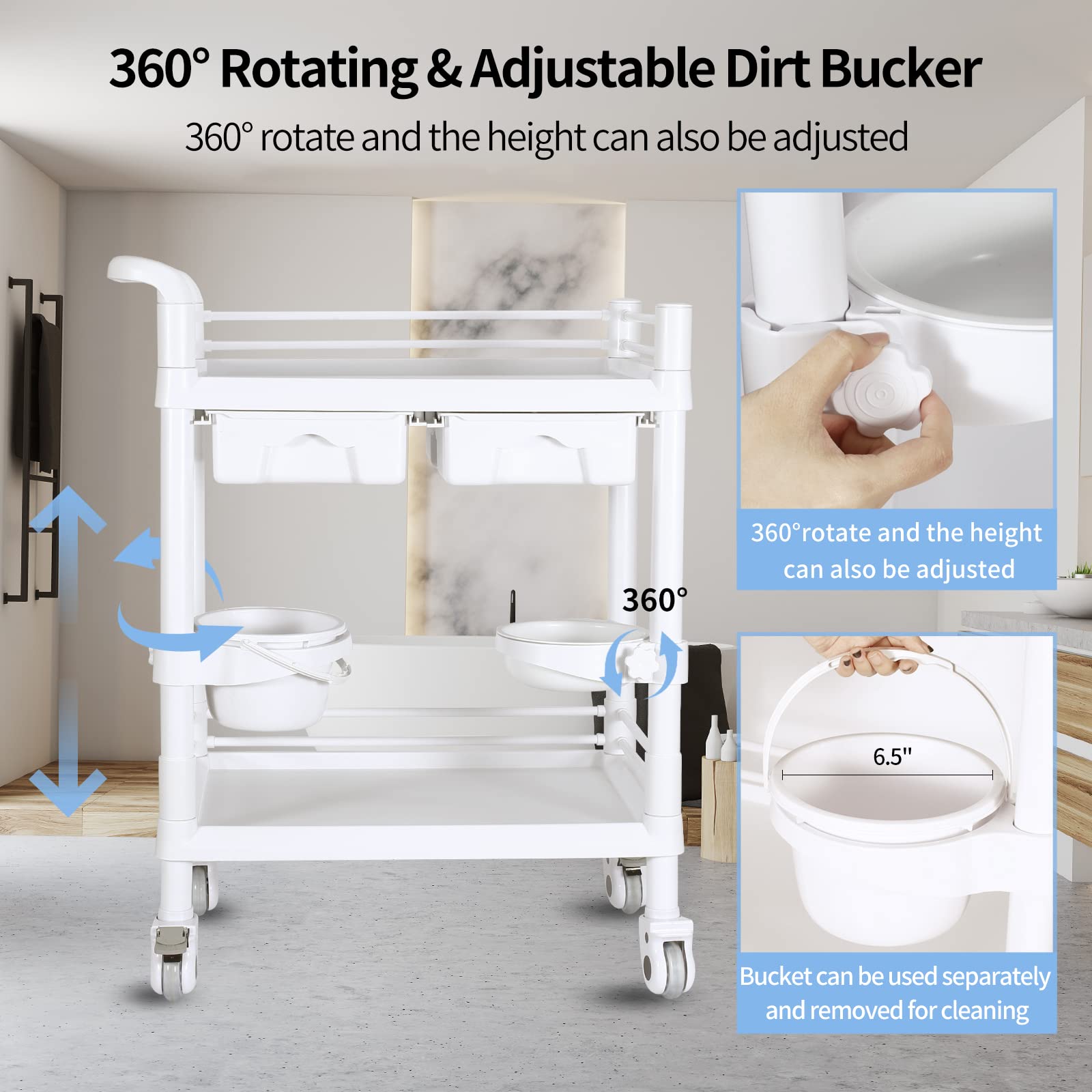 2 Tier Medical Beauty Cart, Heavy Duty Salon Trolley with 360° Swivel Wheels and Dirt Bucket Drawer Storage Organizer for Hospital Dental Clinic Spa Esthetician