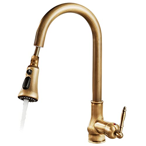 Vintage Brass Antique Bronze Kitchen Faucet Single Hole Copper Mixer Taps with Pull Down Sprayer (Stream,Spray,Powerful aquablade) (3 Functions Sprayer)