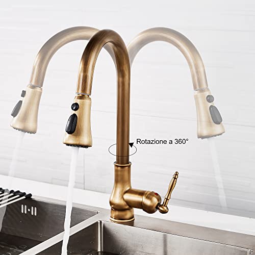 Vintage Brass Antique Bronze Kitchen Faucet Single Hole Copper Mixer Taps with Pull Down Sprayer (Stream,Spray,Powerful aquablade) (3 Functions Sprayer)