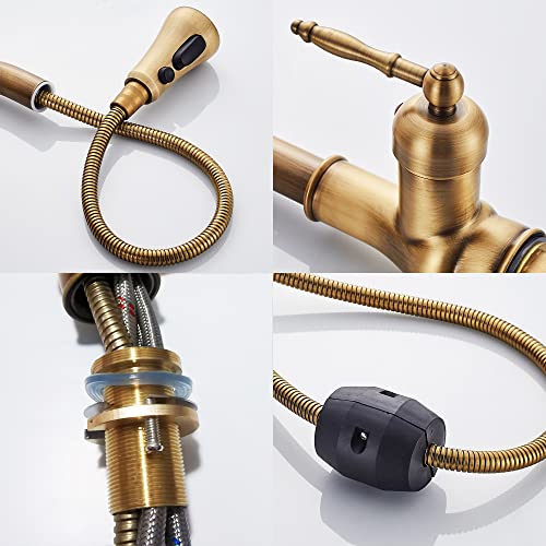 Vintage Brass Antique Bronze Kitchen Faucet Single Hole Copper Mixer Taps with Pull Down Sprayer (Stream,Spray,Powerful aquablade) (3 Functions Sprayer)